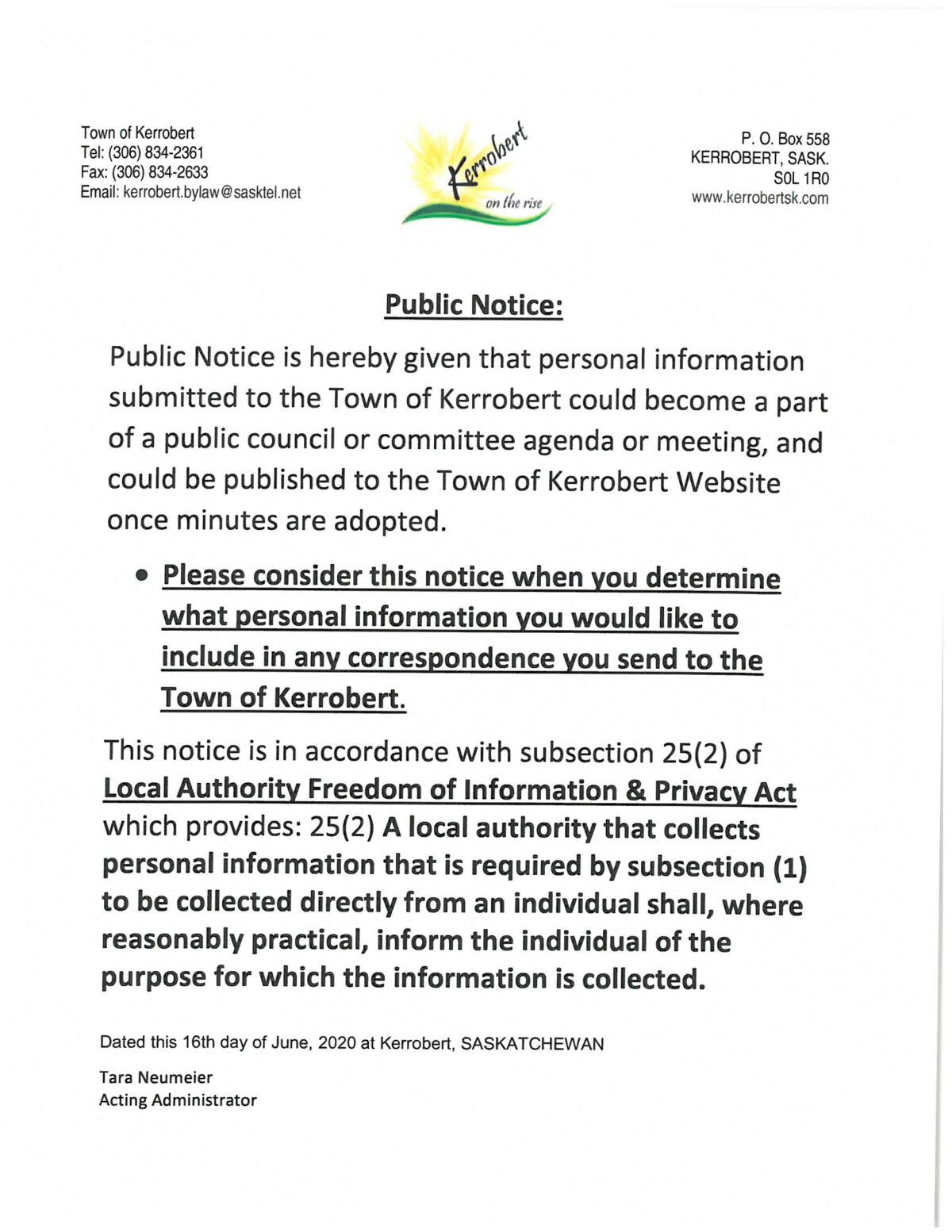 Public Notices – Town of Kerrobert